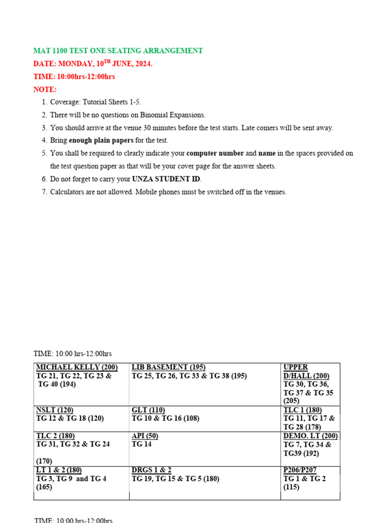 Mat1100 Test One Seating Arrangement-2024 | PDF