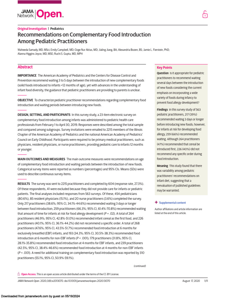 Recommendations on Complementary Food Introduction Among Pediatric ...