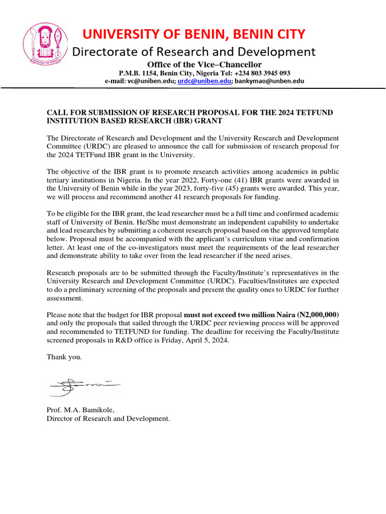 Call For TETFUND IBR Grant Proposal Submission 2024 | PDF