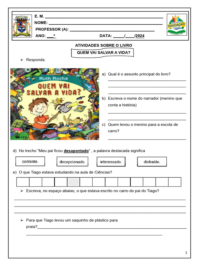 Atividades Sobre o Livro "Quem Vai Salvar A Vida" | PDF | Desperdício