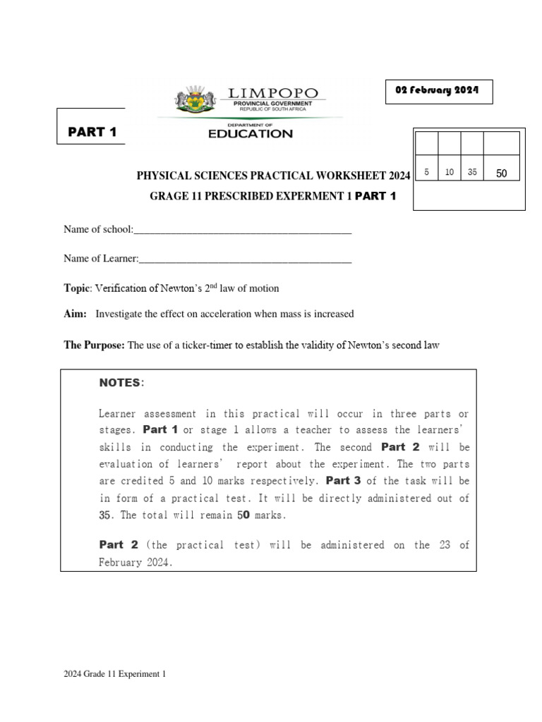 2024 Vhembe West Physical Sciences Grade 11 Experiment 1 (Newton 2nd Law of Motion) - 1 | PDF ...