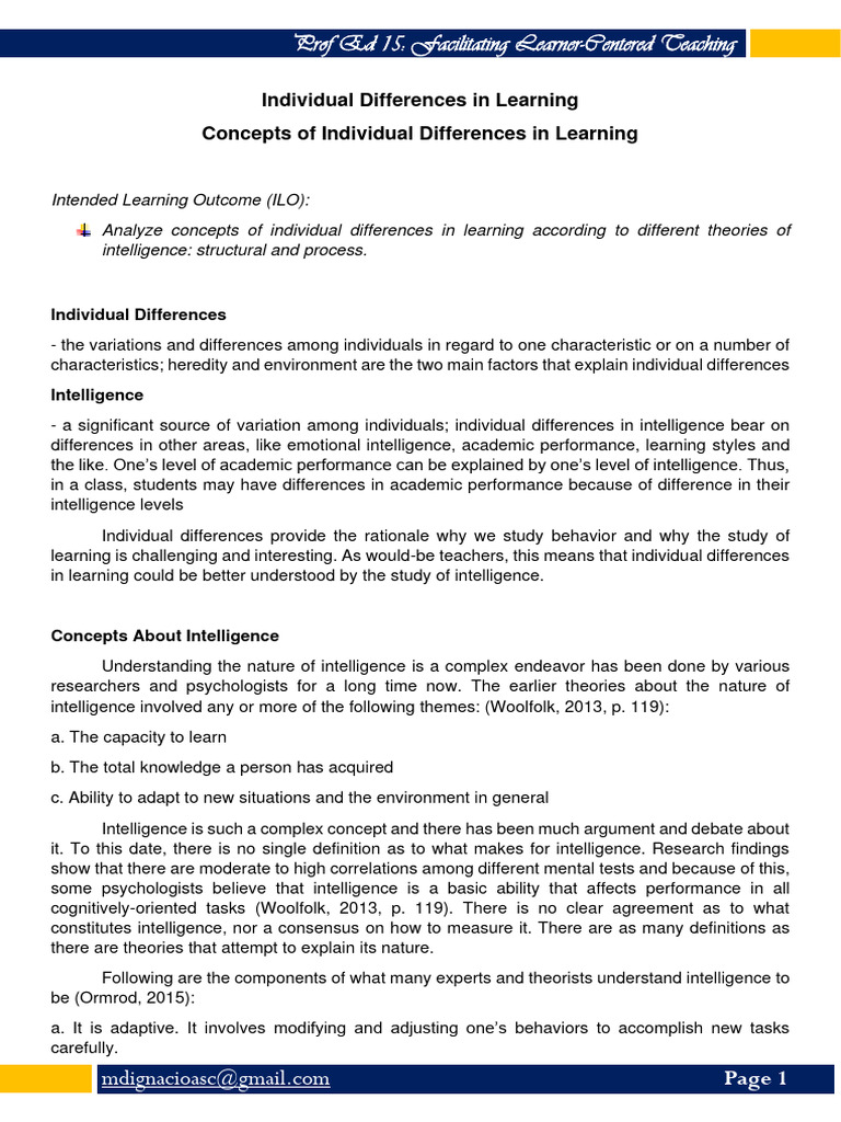 9 Individual Differences in Learning Concepts of Individual Differences ...