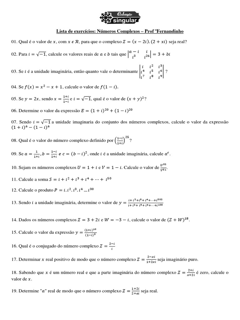 Exercícios de Números Complexos | PDF | Número complexo | Número real