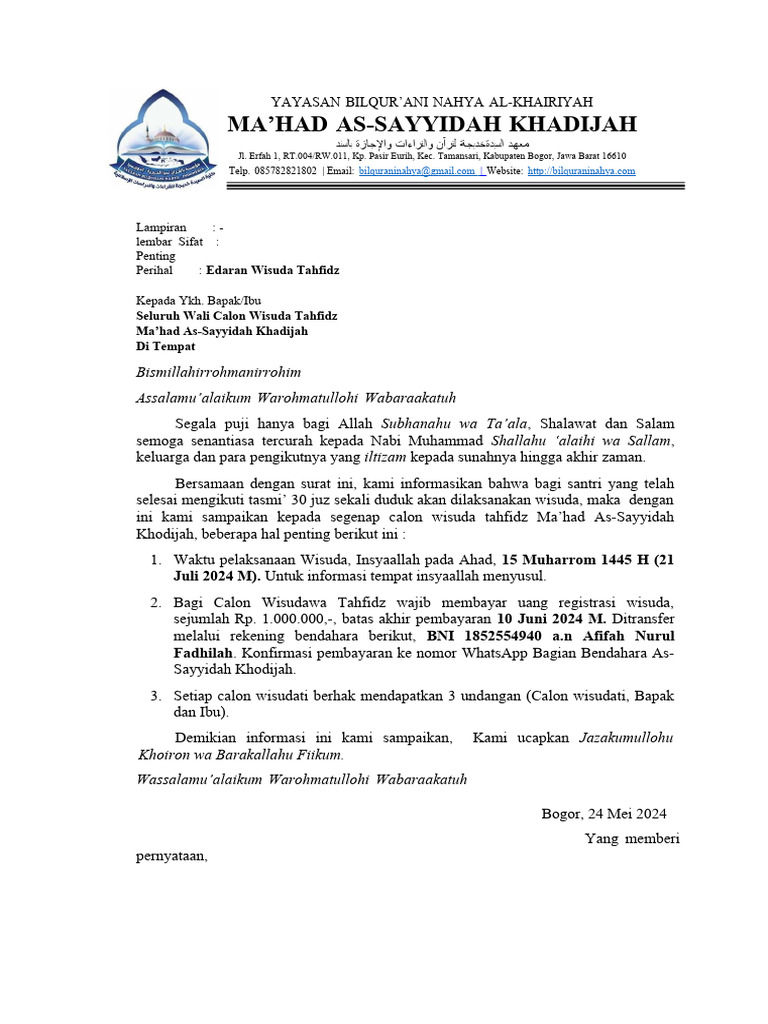 Surat Edaran Calon Wisuda Tahfidz | PDF