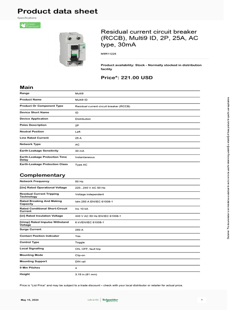 Schneider Electric Multi9 M9R11225 | PDF | Alternating Current | Electrical Engineering