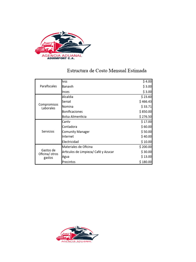 Estructura de Costo Mensual | PDF