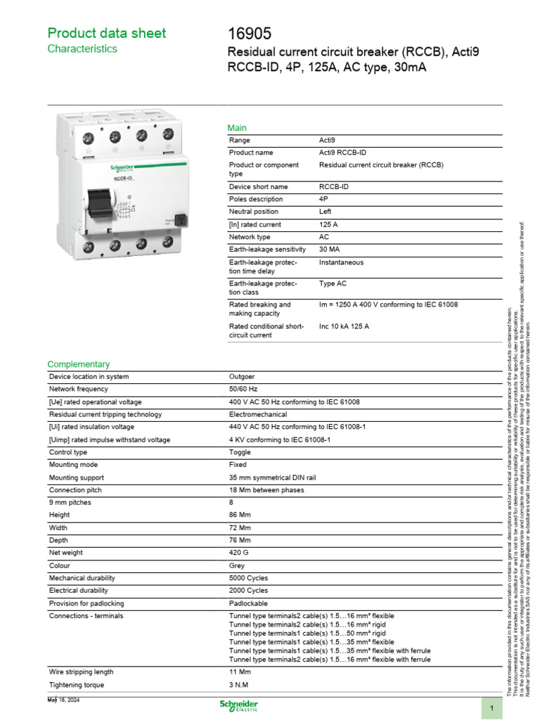Product Data Sheet: Residual Current Circuit Breaker (RCCB), Acti9 RCCB-ID, 4P, 125A, AC Type ...