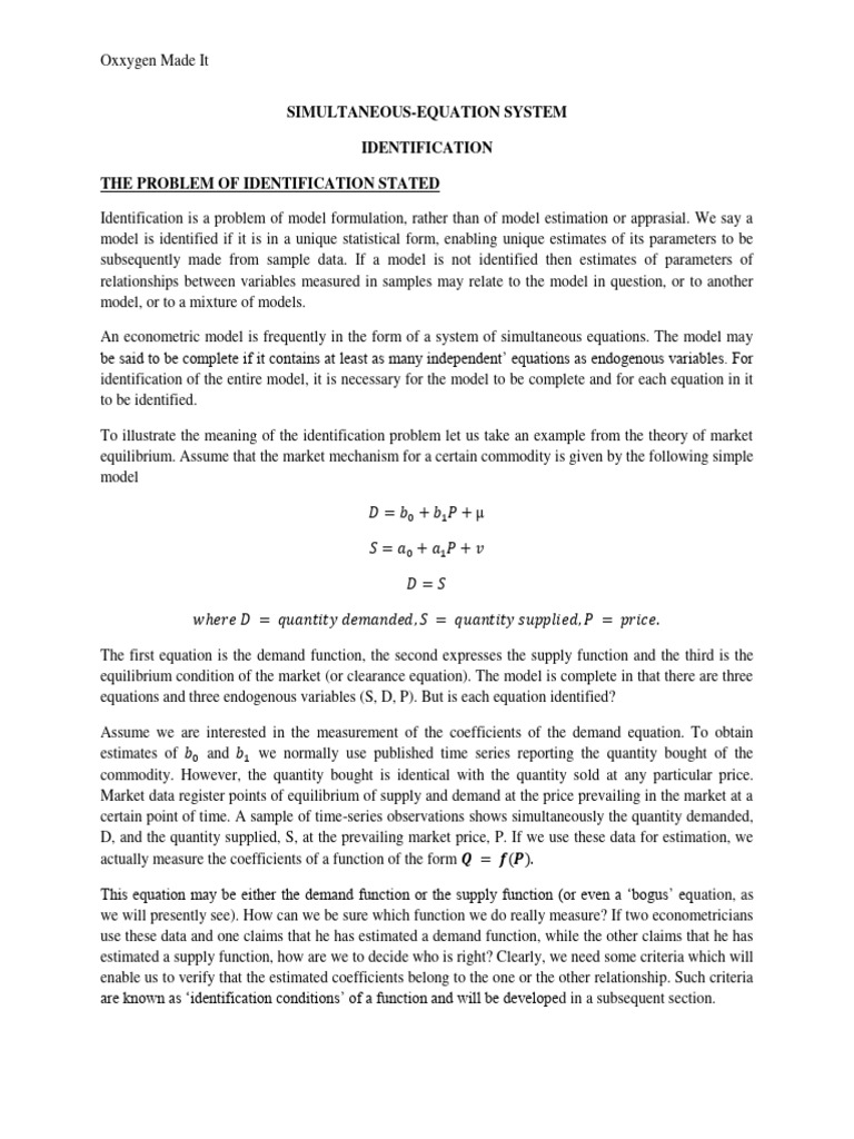 Simultaneous Equation Identification | PDF | Equations | Statistics