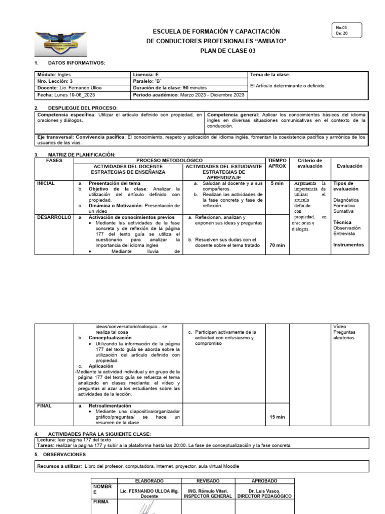 Plan de clase 3 | Descargar gratis PDF | Evaluación | Maestros
