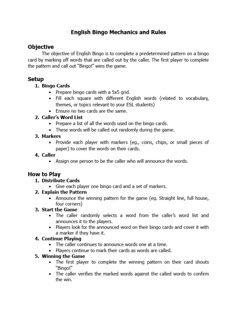English Bingo Mechanics and Rules | PDF
