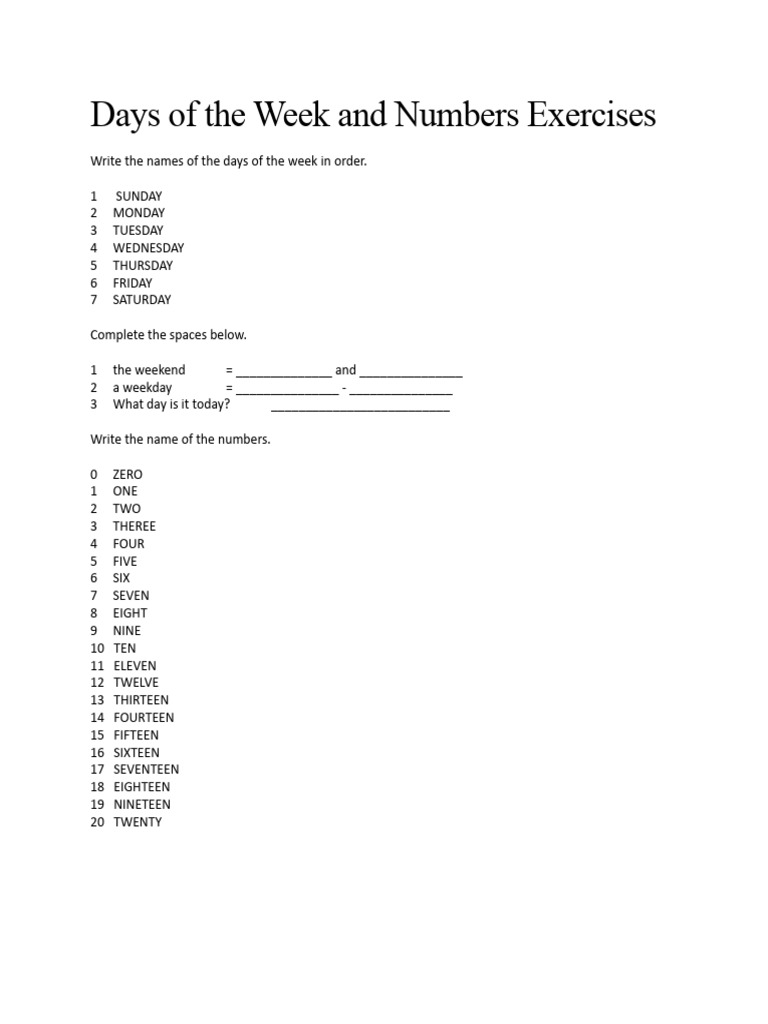 Days of The Week and Numbers Exercises | PDF | Teaching Methods & Materials