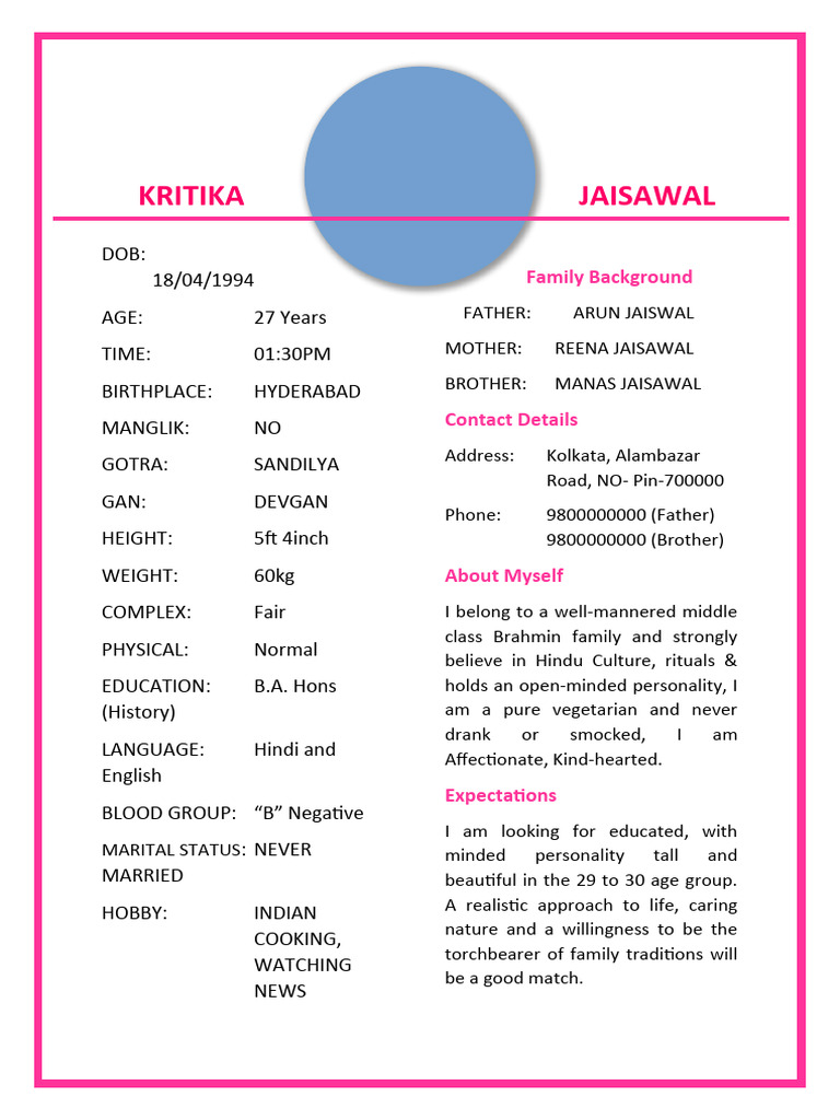 Color Marriage Biodata Format For Girl Featured Image | PDF