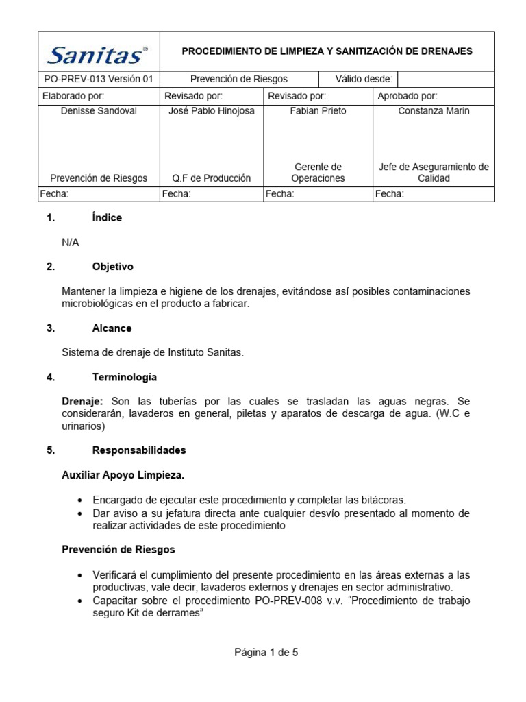 PO-PREV-013 V01 Procedimiento de Limpieza Y Sanitización de Drenajes | PDF | Agua | Hidrología