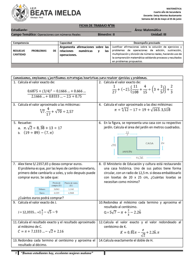 FICHA DE TRABAJO N° 6 - Operaciones con numeros Reales (1) | Descargar gratis PDF | Matemáticas ...