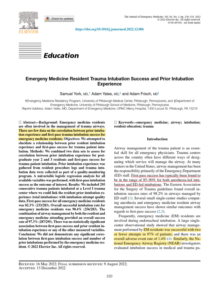 Emergency Medicine Resident Trauma Intubation Success and Prior ...