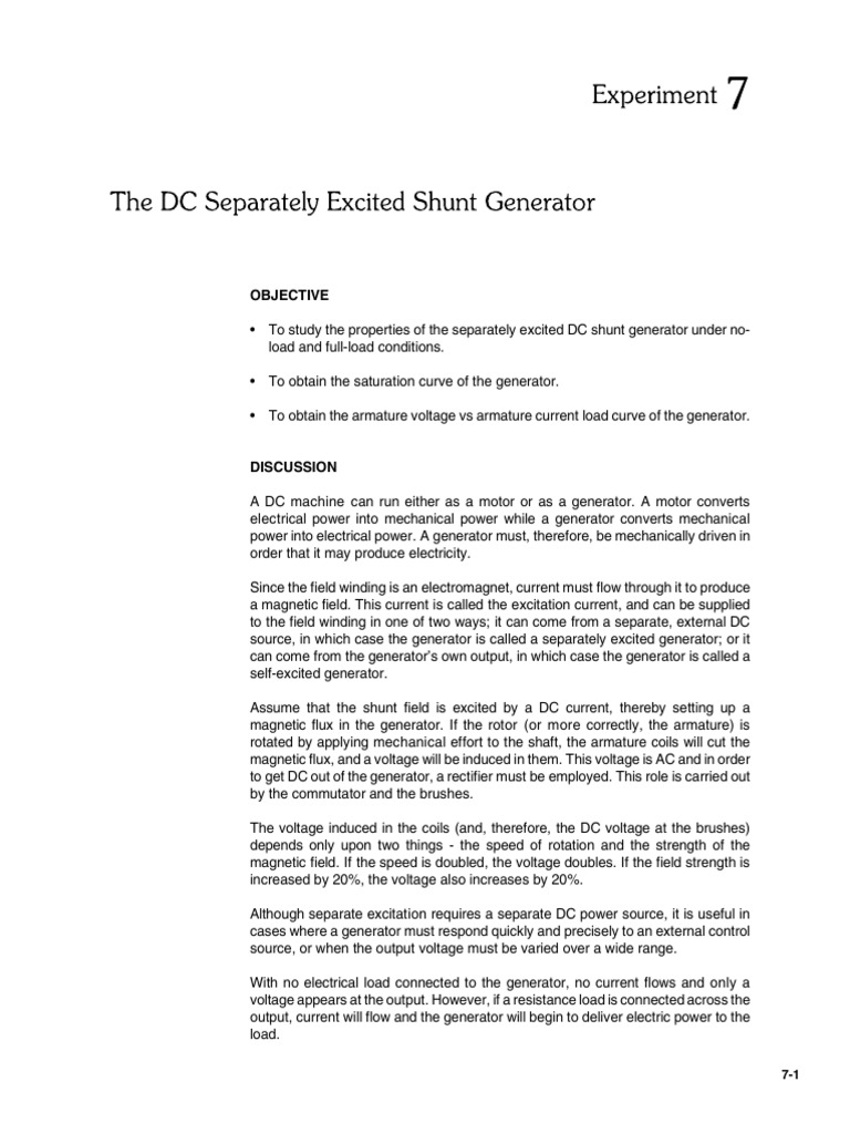 Expt.1 The DC Separately Excited Shunt Generator | PDF | Electricity ...