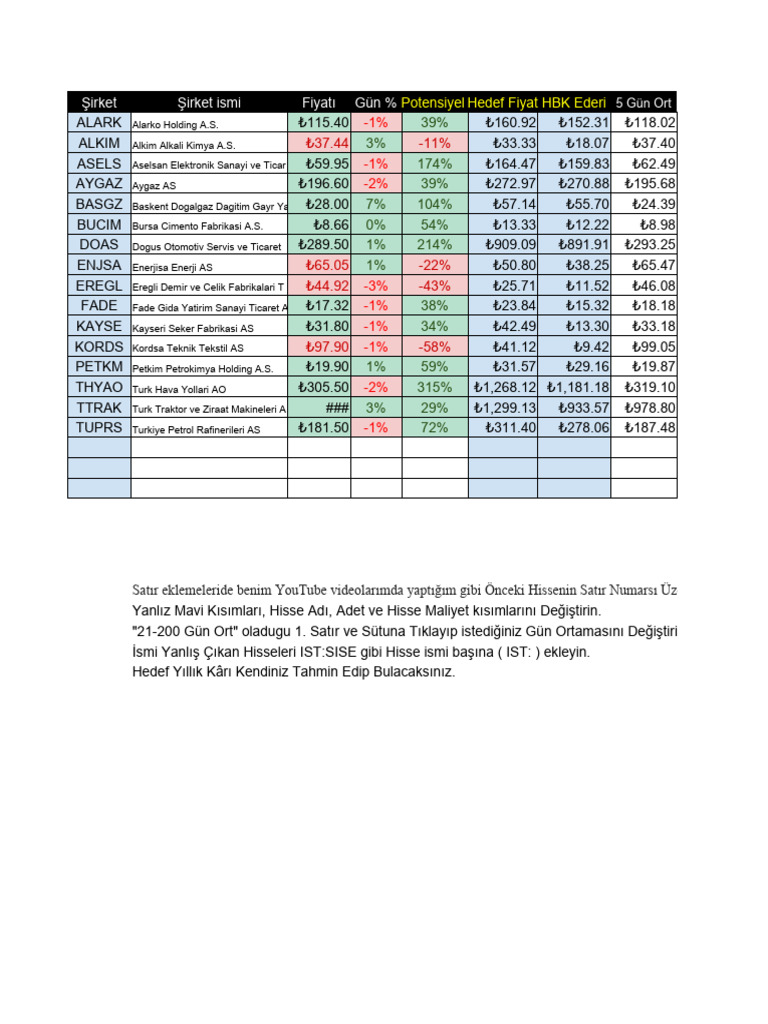Basit Hisse Temel Analiz Takip Tablosu 524 | PDF