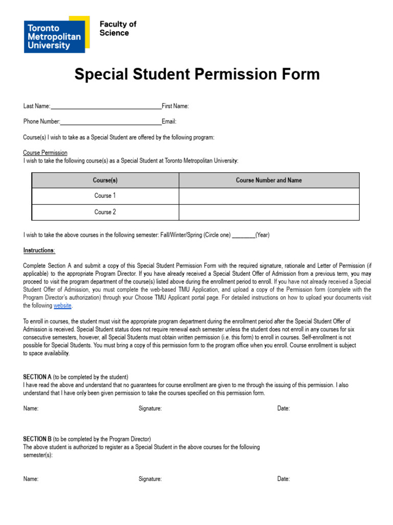 TMU FoS Special Student Permission Form | PDF