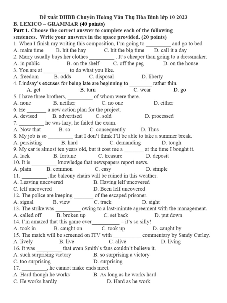 Đề xuất DHBB Chuyên Hoàng Văn Thụ Hòa Bình lớp 10 2023 | PDF | Volcano | Internet
