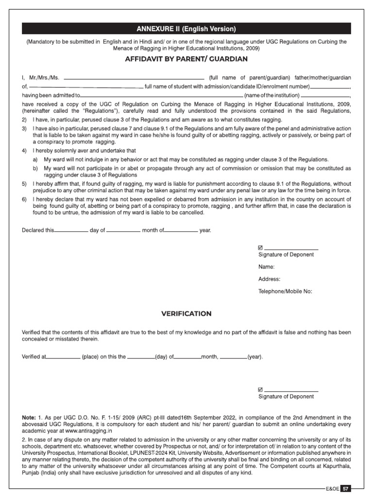 Parent Affidavit Against Ragging | PDF | Affidavit | Justice