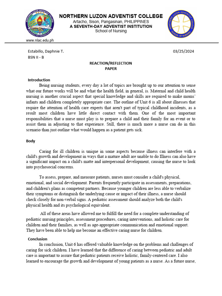 Reaction Reflection Paper | PDF | Nursing | Psychology
