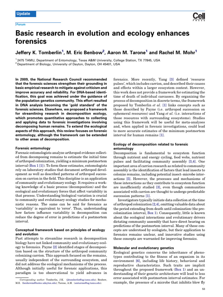 Basic Research in Evolution and Ecology Enhances Forensics Tomberlin ...