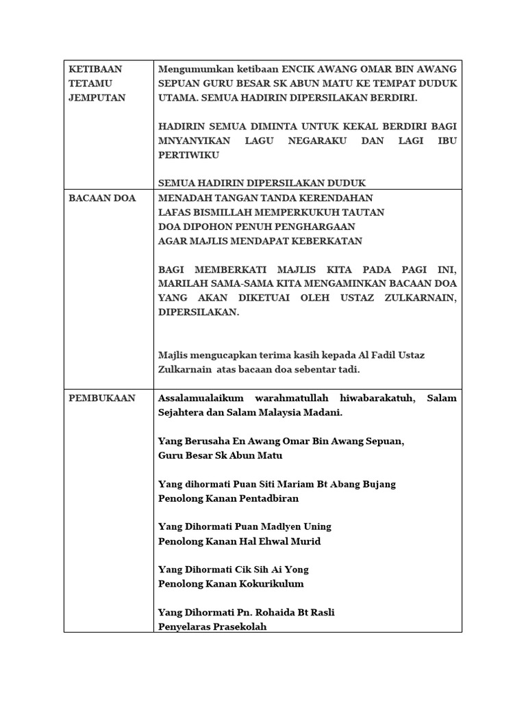 SKRIP EMCEE MAJLIS TRANSISI PRASEKOLAH | PDF