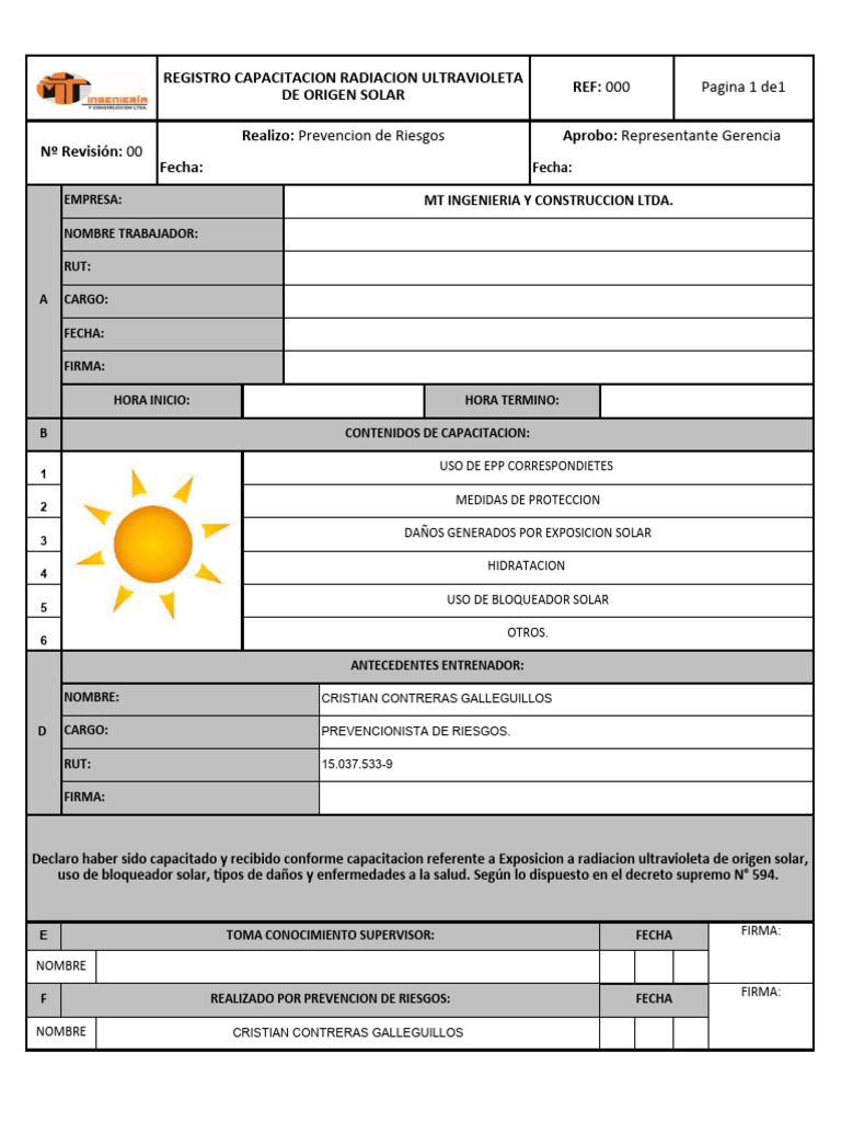 Registro Capacitacion Radiacion Ultravioleta de Origen Solar | PDF