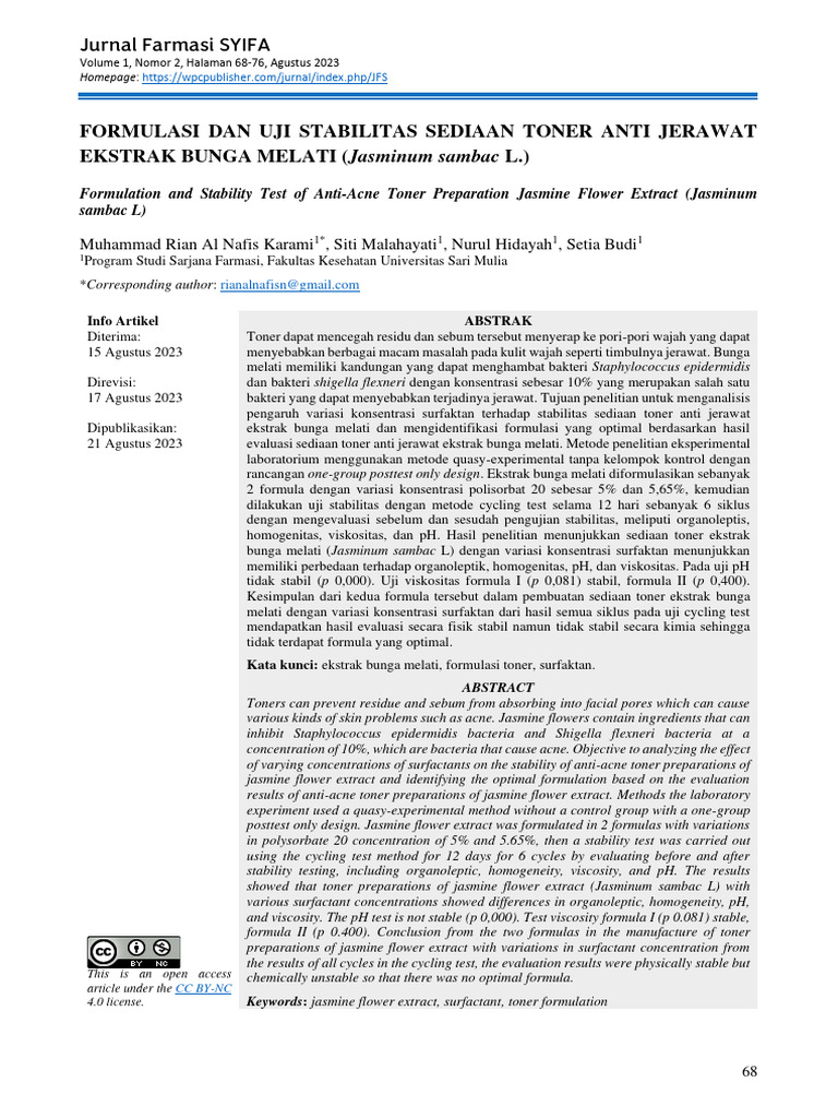 Formulasi Dan Uji Stabilitas Sediaan Toner Anti Jerawat EKSTRAK BUNGA MELATI (Jasminum Sambac L ...