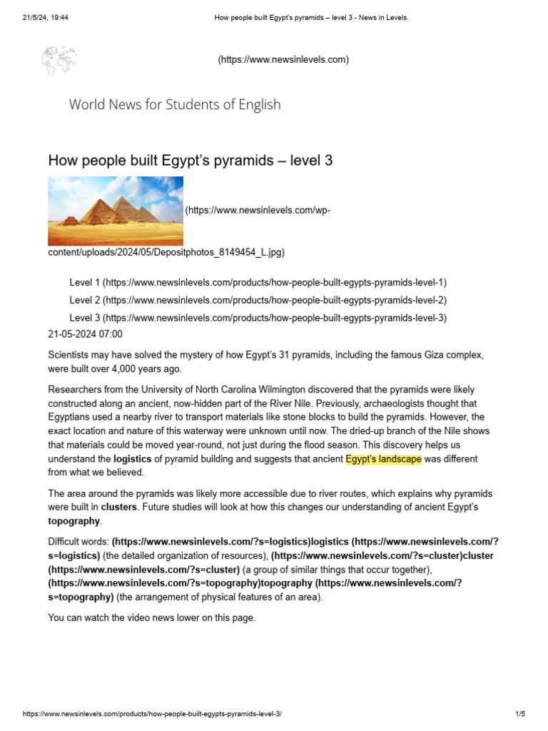 How People Built Egypt's Pyramids - Level 3 - News in Levels | PDF ...