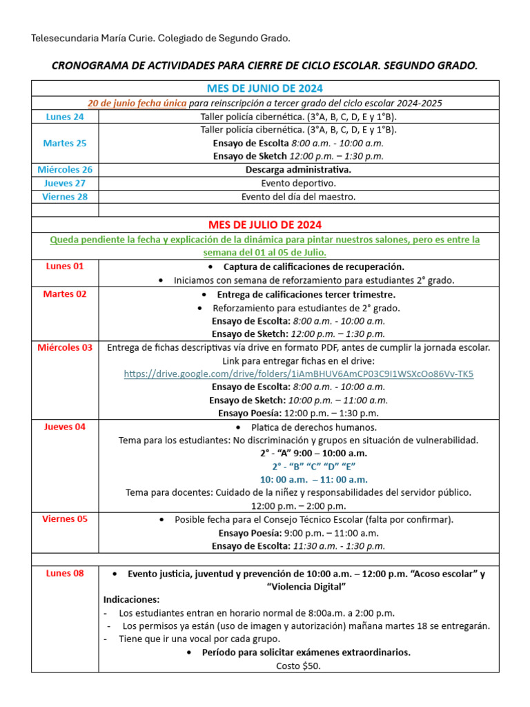 Cronograma de Actividades para Cierre de Ciclo Escolar Colegiado de ...