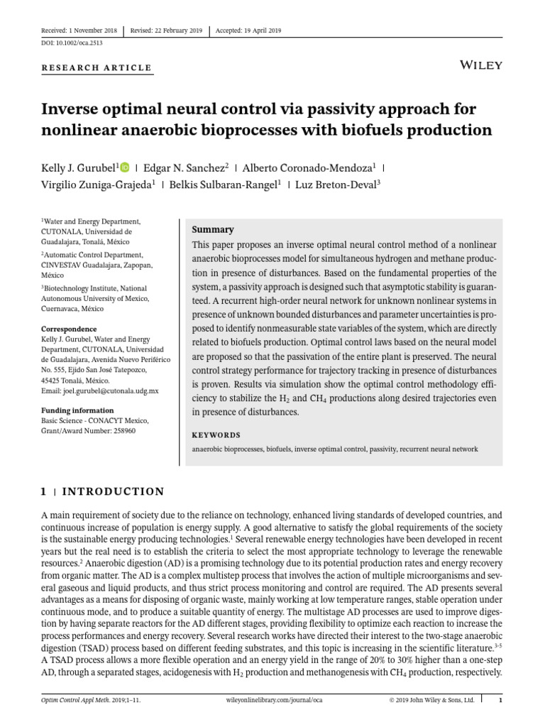 Inverse Optimal Neural Control Via Passivity Approach For Nonlinear Anaerobic Bioprocesses With ...