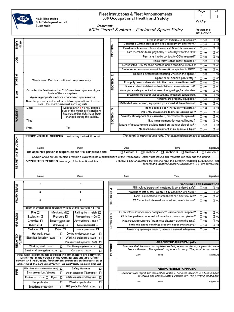 SEA3-21E-Enclosed Space Permit To Work Disclaimer | PDF | Personal ...