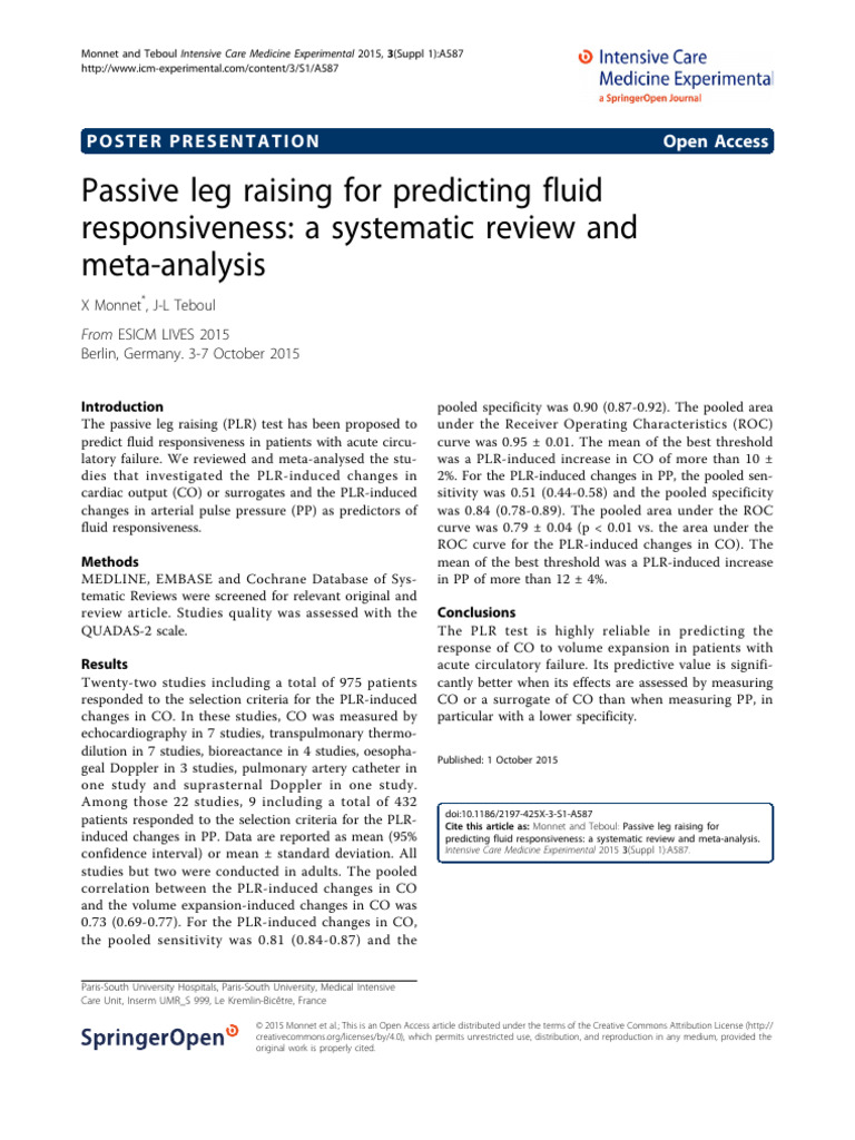 Passive Leg Raising For Predicting Fluid Responsiveness - A Meta ...