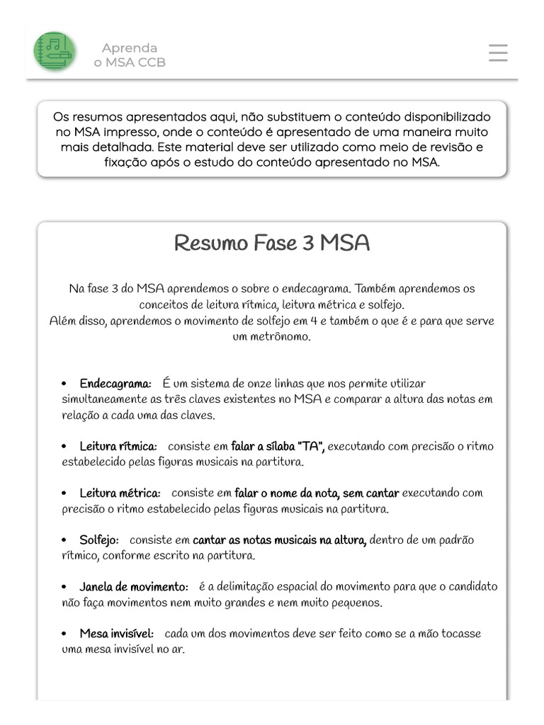 Aprenda o MSA CCB - Resumo Fase 3 | PDF | Partituras | Ritmo