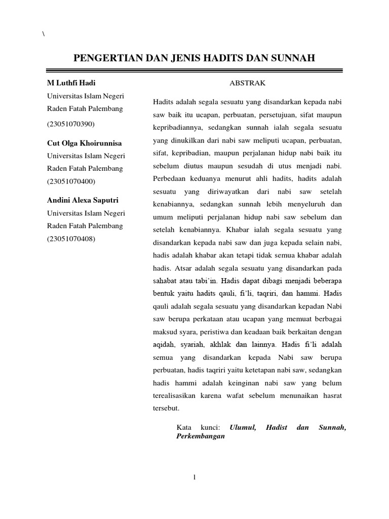 Artikel (Pengertian Dan Jenis Hadist Dan Sunnah | PDF | Ilmu Sosial