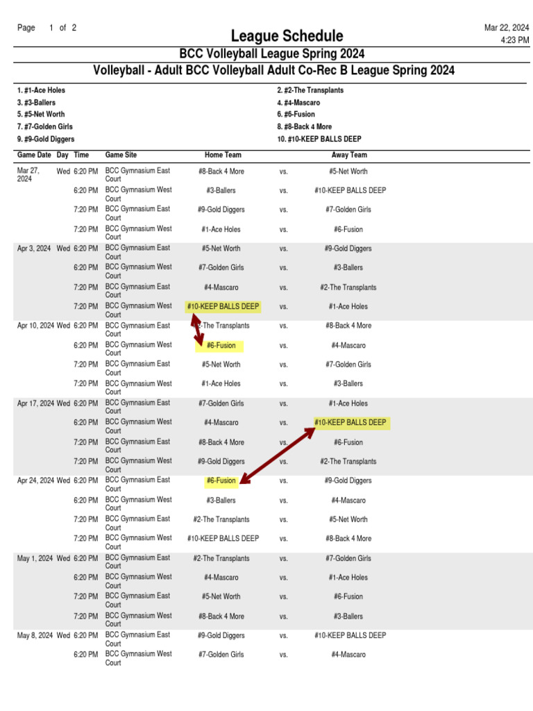 Spring 2024 BCC Updated Volleyball Schedule | PDF | Volleyball ...