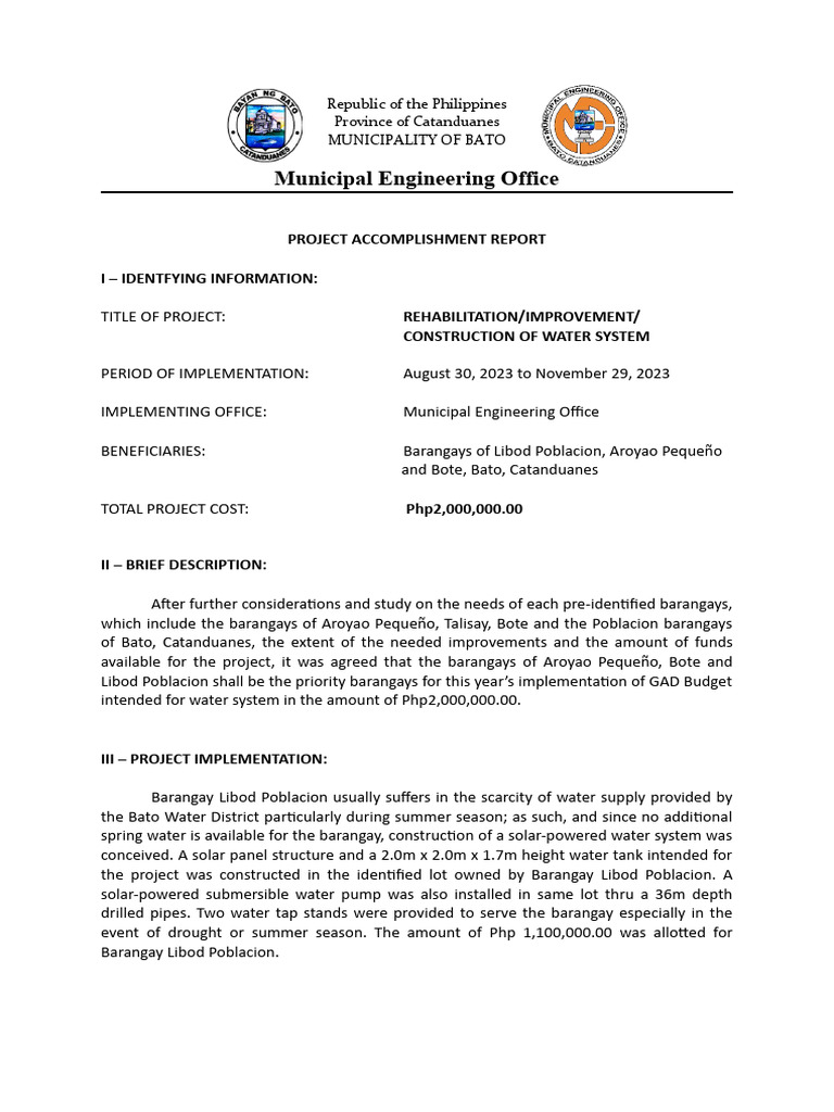 Project Accomplishment Report Water System | Download Free PDF ...