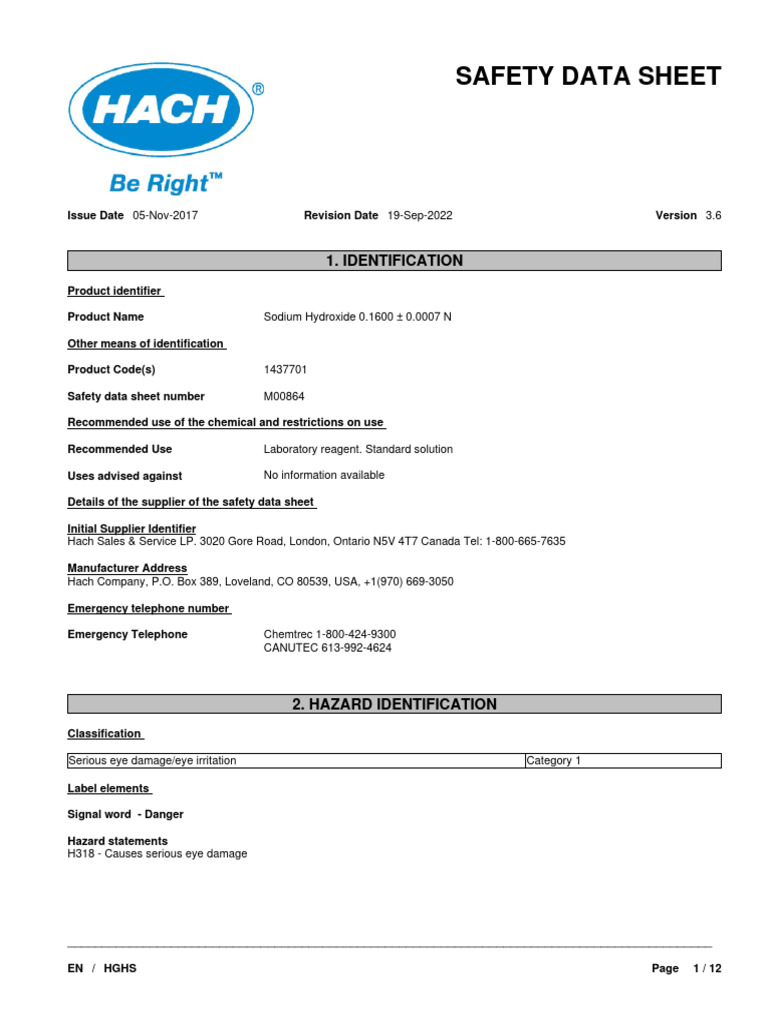 Sodium Hydroxide Safety Data Sheet | PDF | Toxicity | Solubility