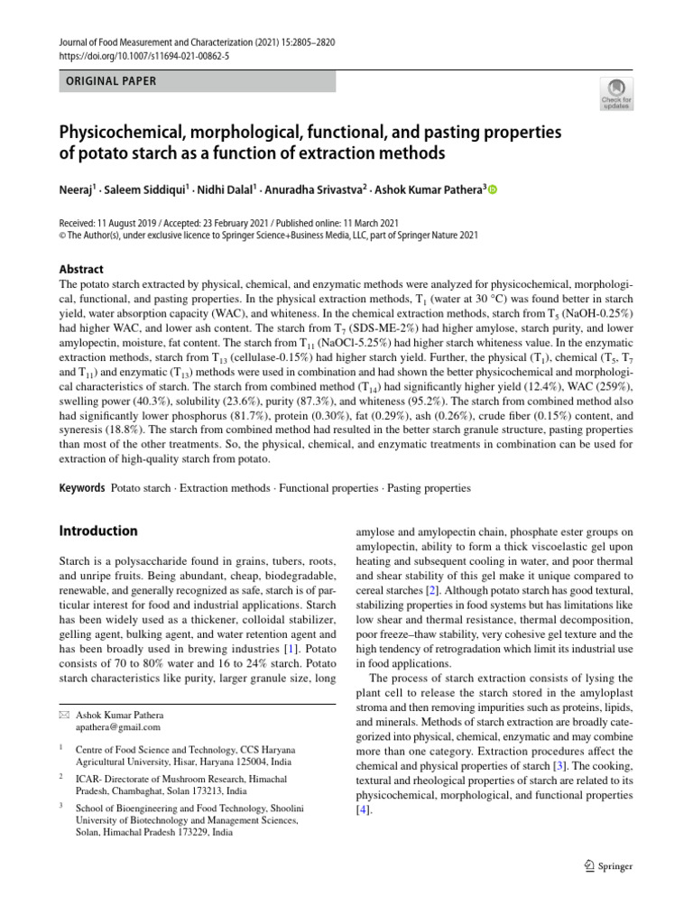Physicochemical, Morphological, Functional, and Pasting Properties of Potato Starch As A ...