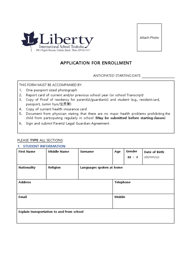 Enrollment Application Form Requirements | PDF | Tuition Payments ...