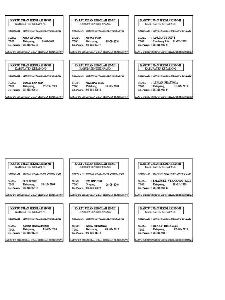 Kartu Peserta Sumatif Akhir Jenjang Kelas Vi Sdn.03 SMR 2023 - 2024 | PDF