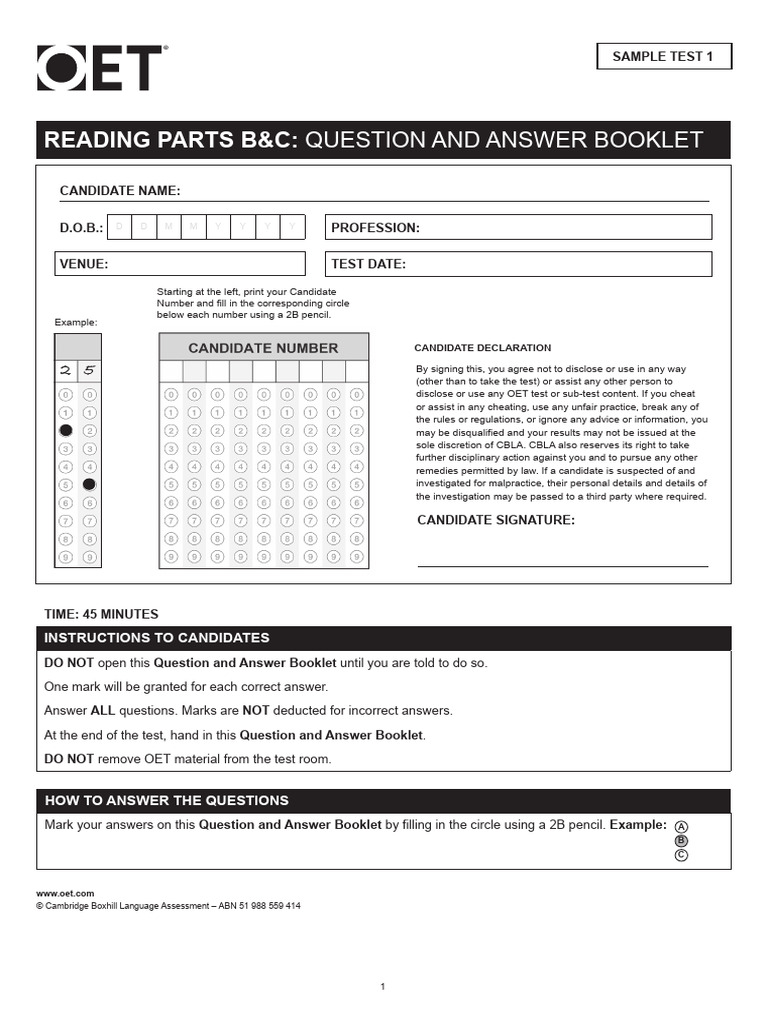 Reading Sample Test 1 Question Paper Part BC | Download Free PDF ...