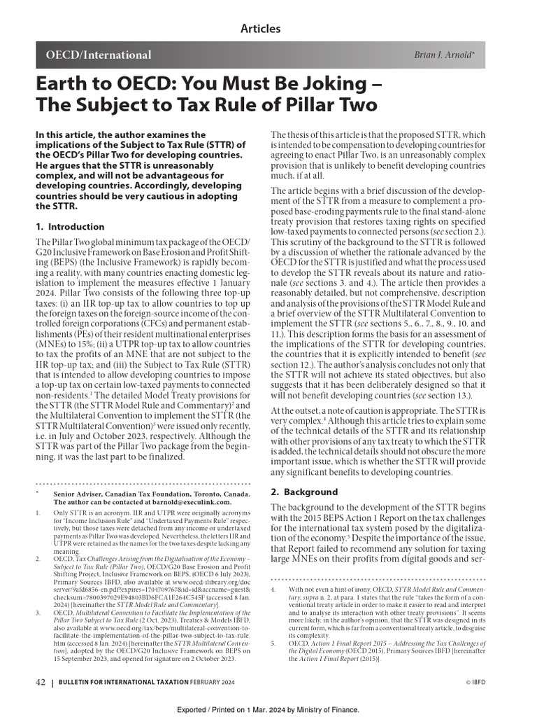 OECD - International - Earth To OECD You Must Be Joking - The Subject To Tax Rule of Pillar Two ...