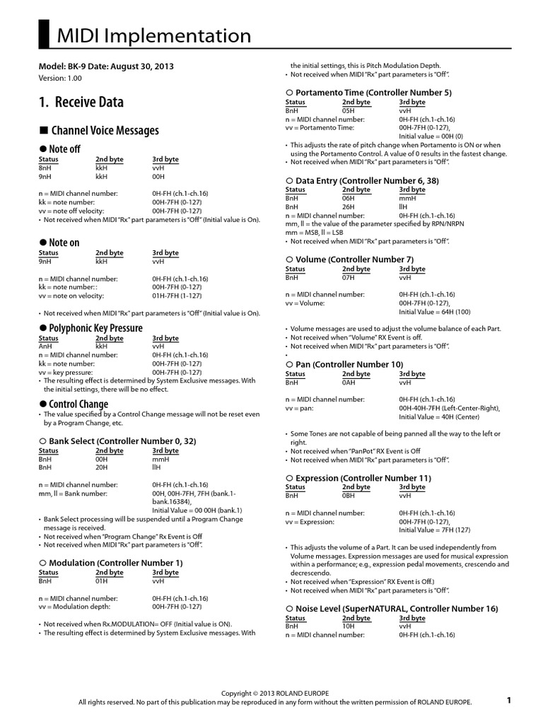 BK-9 - MIDI Implementation | PDF | Music Technology | Musical Instruments