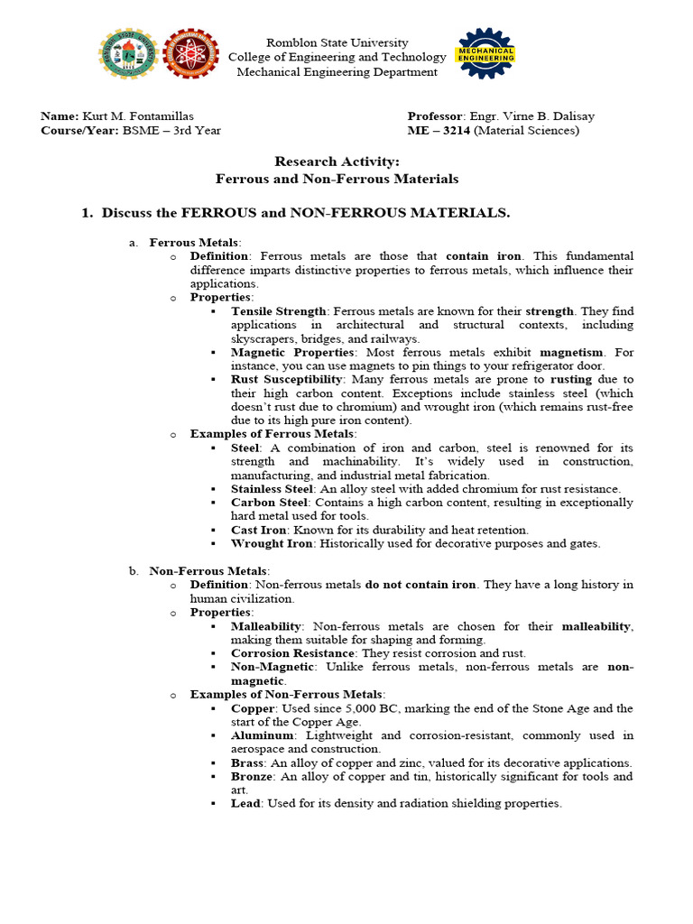 Research_Activity_Ferrous and Non-Ferrous Materials | PDF | Steel | Metals