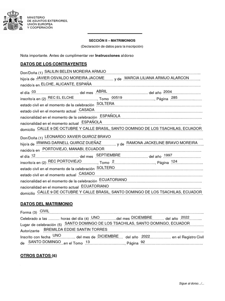 Hoja Declaratoria Inscripción Matrimonio | PDF