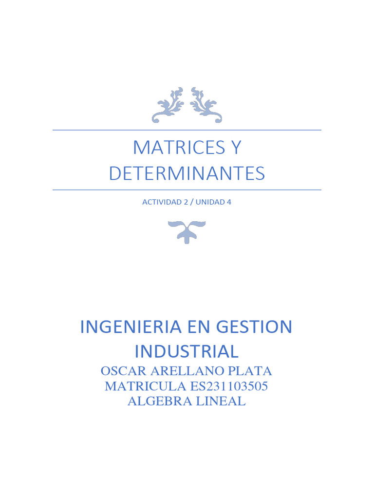 GIMTT U4 Oscar Arellano A2 | PDF | Determinante | Matriz (Matemáticas)
