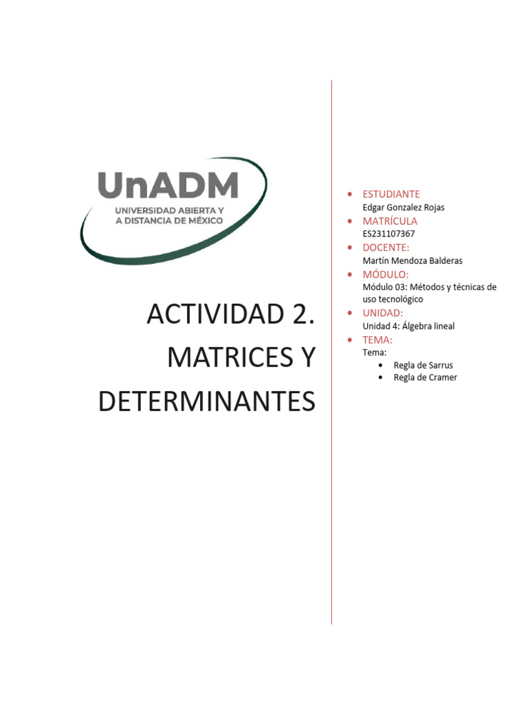 Gimtt U4 Edgar Gonzalez A2 | PDF | Determinante | Matriz (Matemáticas)