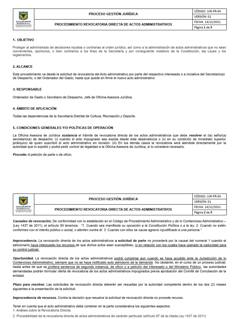 Procedimiento Jur-Pr-04 Revocatoria Directa de Actos Administrativos ...